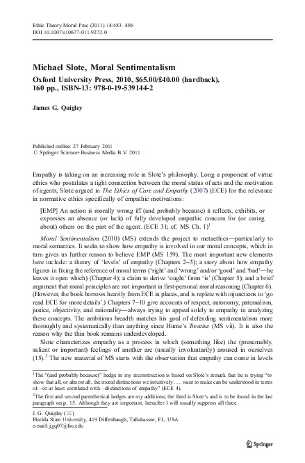 (PDF) Michael Slote, Moral Sentimentalism