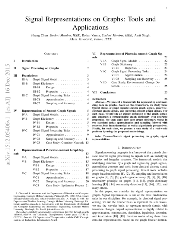 (PDF) Signal Representations on Graphs: Tools and Applications