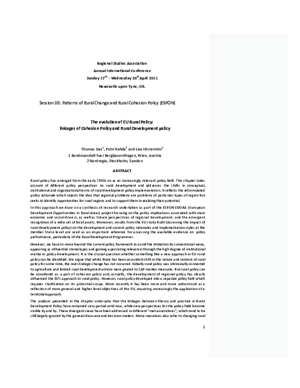 (PDF) The evolution of EU Rural Policy : linkages of Cohesion Policy ...