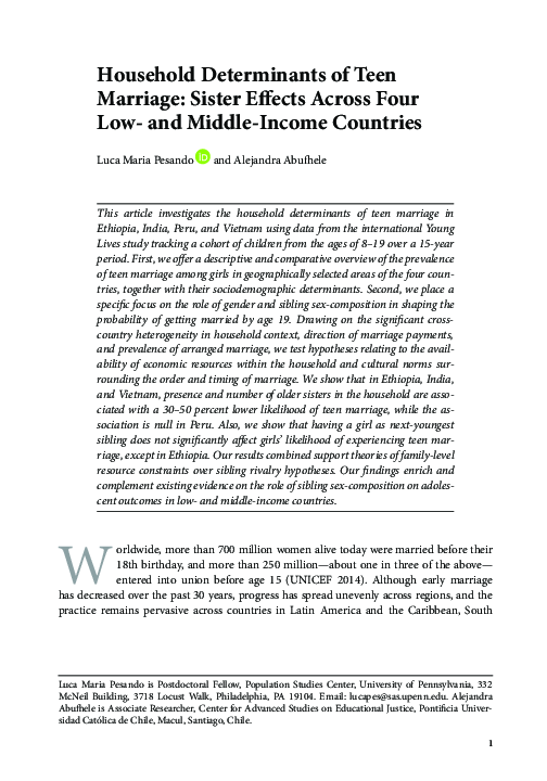 (PDF) Household Determinants of Teen Marriage: Sister Effects Across ...