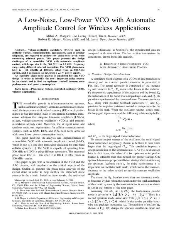 (PDF) A low-noise, low-power VCO with automatic amplitude control for wireless applications