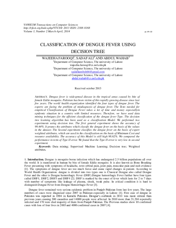 Pdf Classification Of Dengue Fever Using Decision Tree
