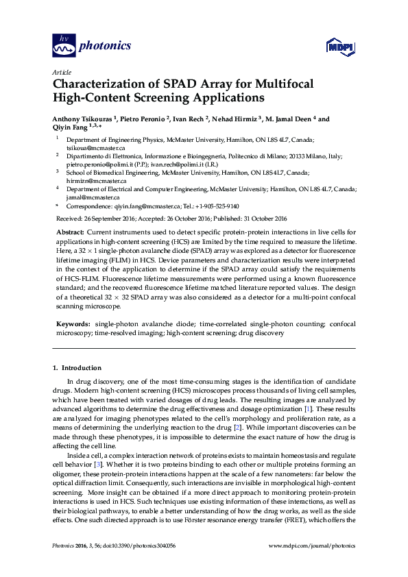 (PDF) Characterization of SPAD Array for Multifocal High-Content Screening Applications
