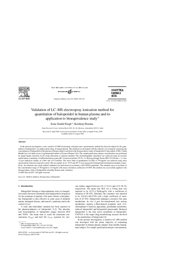 (PDF) Validation of LC–MS electrospray ionisation method for quantitation of haloperidol in ...