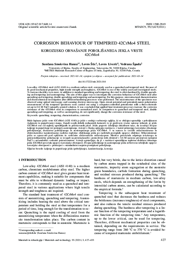 (PDF) CORROSION BEHAVIOUR OF TEMPERED 42CrMo4 STEEL