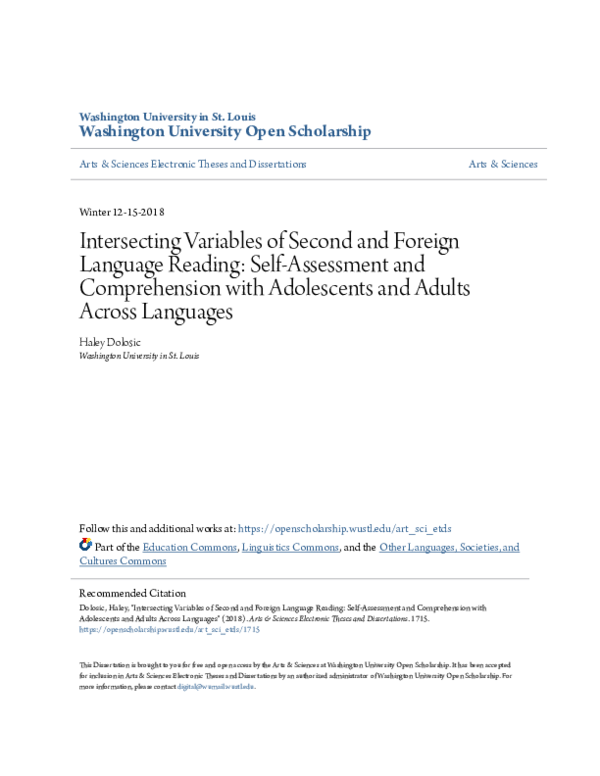 (PDF) Intersecting Variables of Second and Foreign Language Reading: Self-Assessment and ...