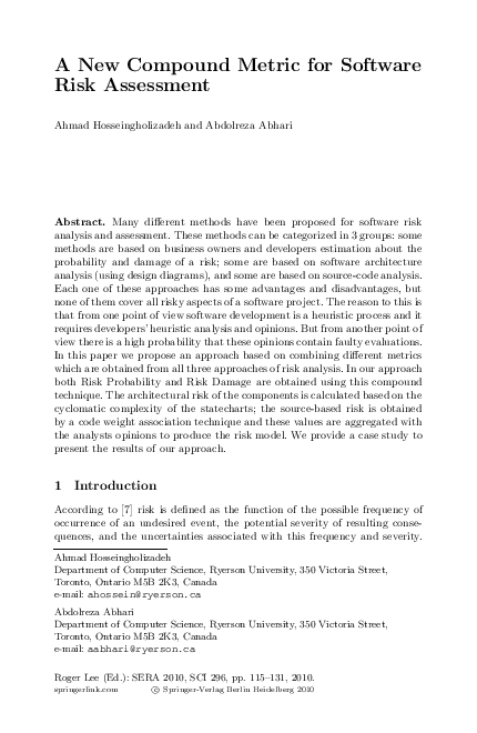 (PDF) A New Compound Metric for Software Risk Assessment