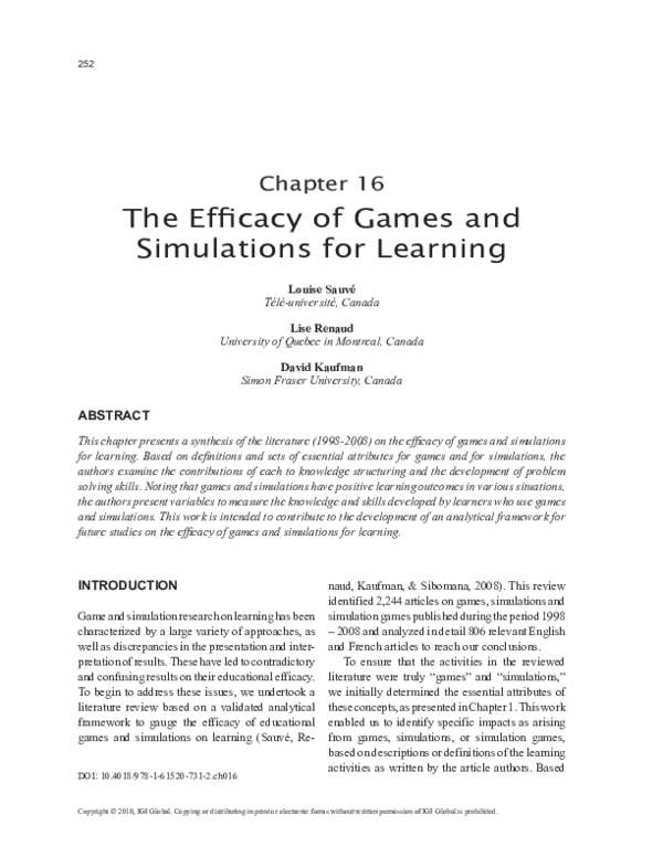 (PDF) The Efficacy of Games and Simulations for Learning