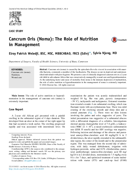 (PDF) Cancrum Oris (Noma): The Role of Nutrition in Management