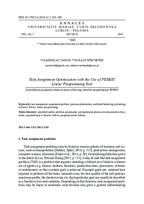 Pdf Task Assignment Optimization With The Use Of Pesbat Linear Programming Tool Łukasz 0669