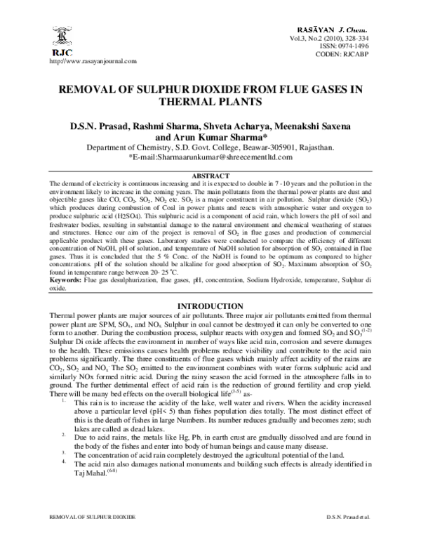 (PDF) Removal of Sulphur Dioxide from Flue Gases in Thermal Plants
