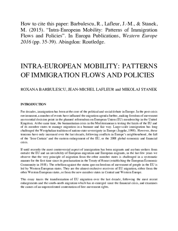 (PDF) Intra-European Mobility: Patterns of Immigration Flows and Policies