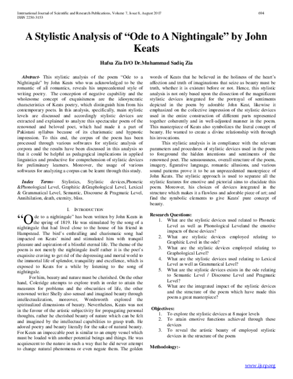 (PDF) A Stylistic Analysis of “Ode to A Nightingale” by John Keats