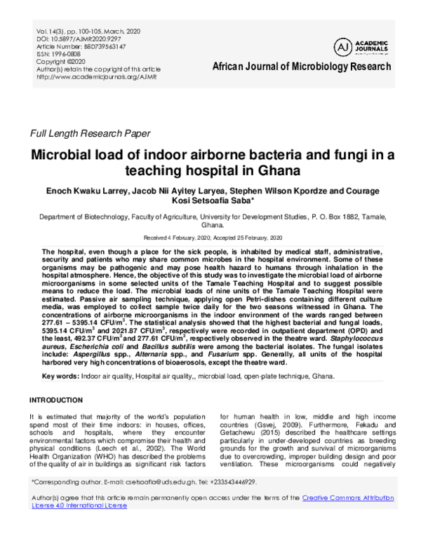(PDF) Microbial load of indoor airborne bacteria and fungi in a ...
