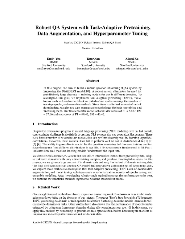 (PDF) Robust QA System with Task-Adaptive Pretraining , Data Augmentation , and Hyperparameter ...