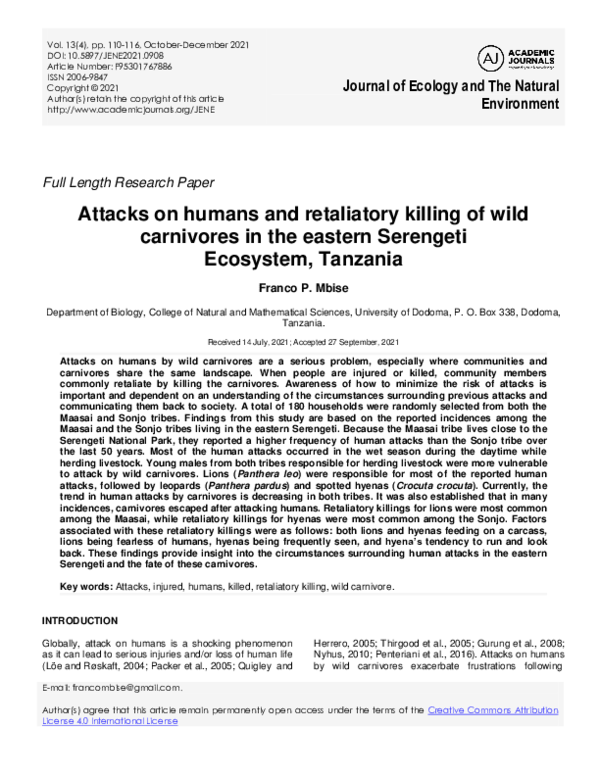 (PDF) Attacks on humans and retaliatory killing of wild carnivores in ...