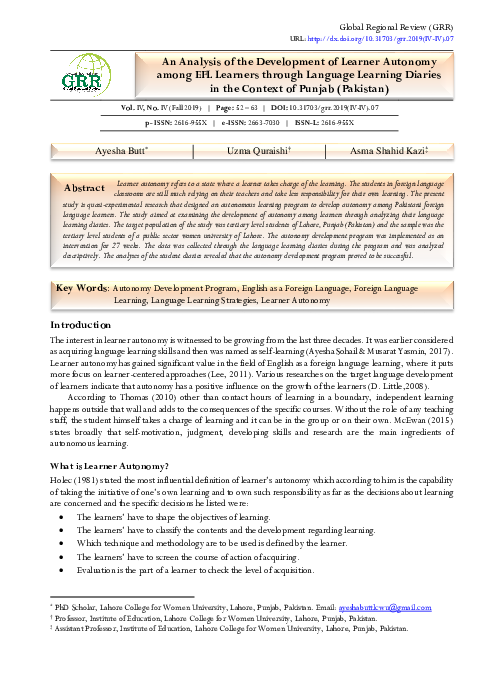 (PDF) An Analysis of the Development of Learner Autonomy among EFL ...
