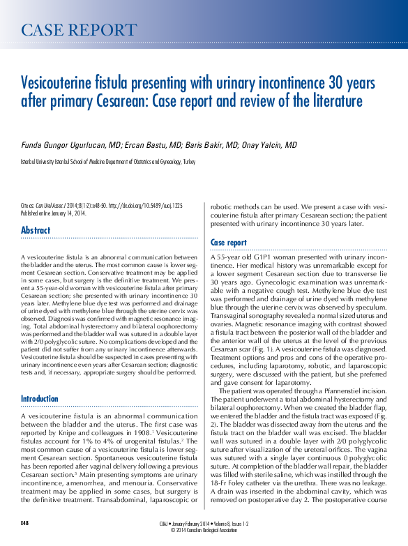 (PDF) Vesicouterine fistula presenting with urinary incontinence 30 ...