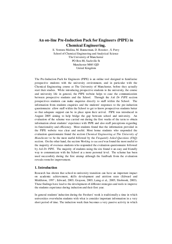 (PDF) An on-line Pre-Induction Pack for Engineers (PIPE) in chemical ...
