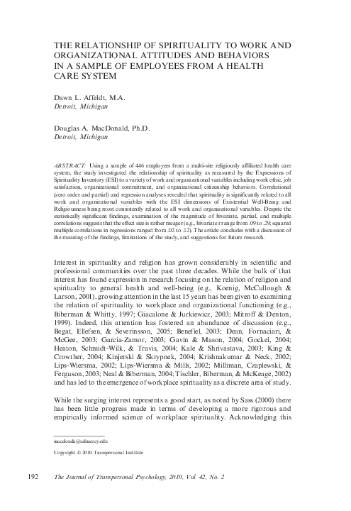 (PDF) The Relationship of Spirituality to Work and Organizational Attitudes and Behaviors in a ...