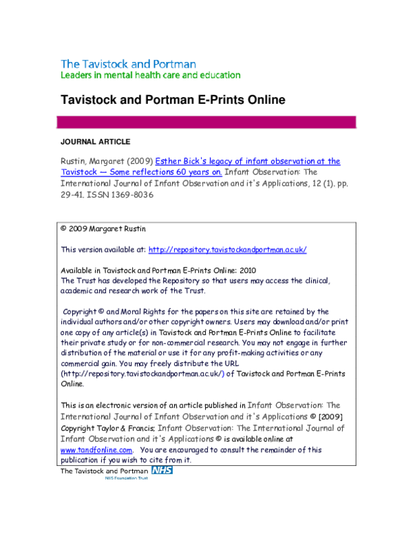 (PDF) Esther Bick's legacy of infant observation at the Tavistock some ...