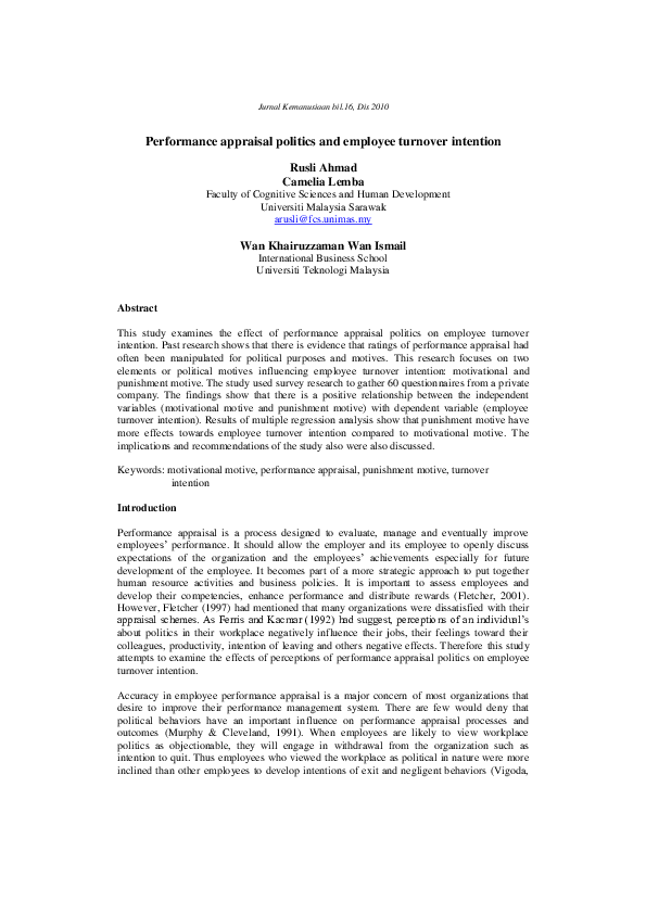 (PDF) Performance appraisal politics and employee turnover intention