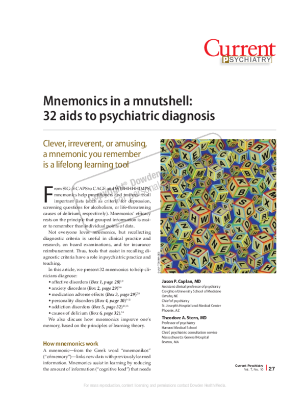 (PDF) Mnemonics in a Mnutshell: 32 Aids to Psychiatric Diagnosis ...