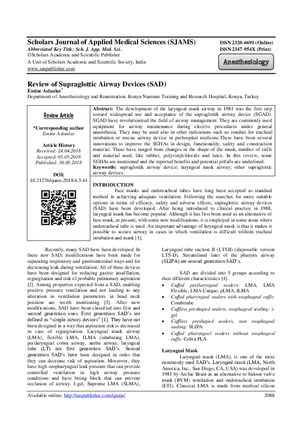 (PDF) Review of Supraglottic Airway Devices ( SAD )