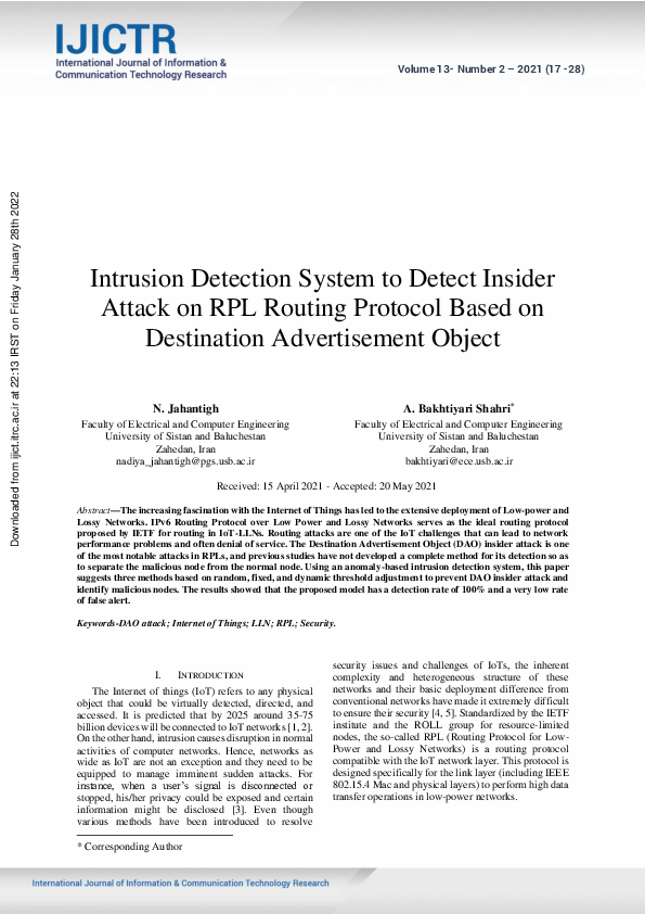 (PDF) Intrusion Detection System to Detect Insider Attack on RPL ...