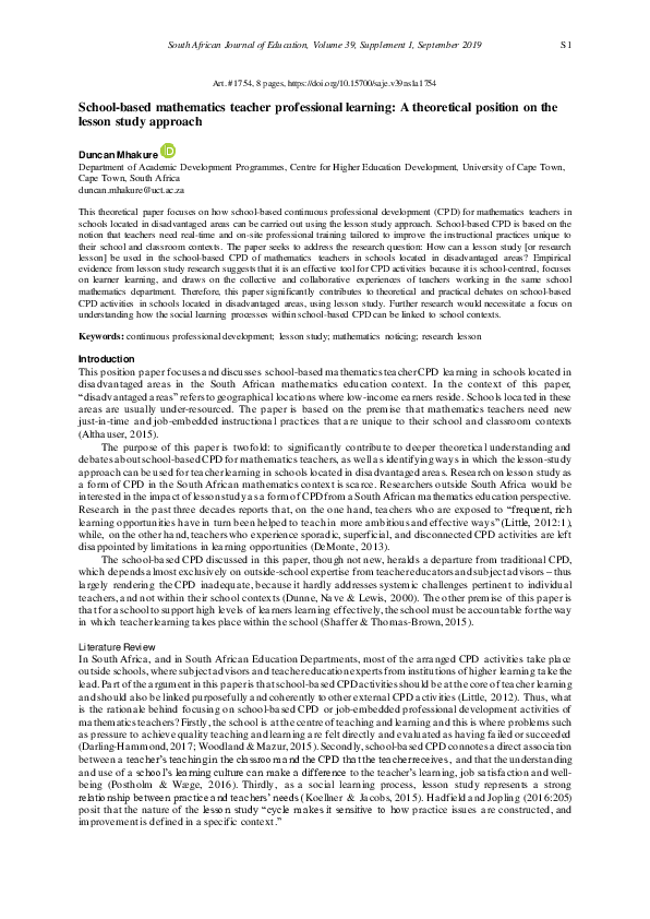 (PDF) School-based mathematics teacher professional learning: A ...