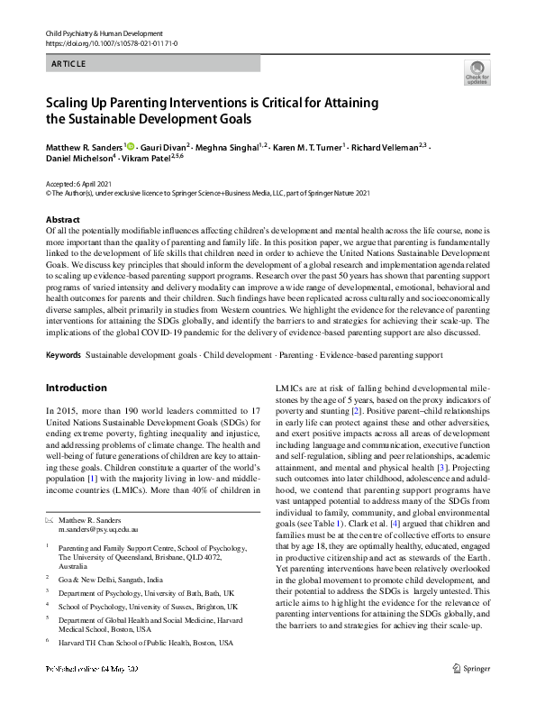 (PDF) Scaling Up Parenting Interventions is Critical for Attaining the Sustainable Development Goals