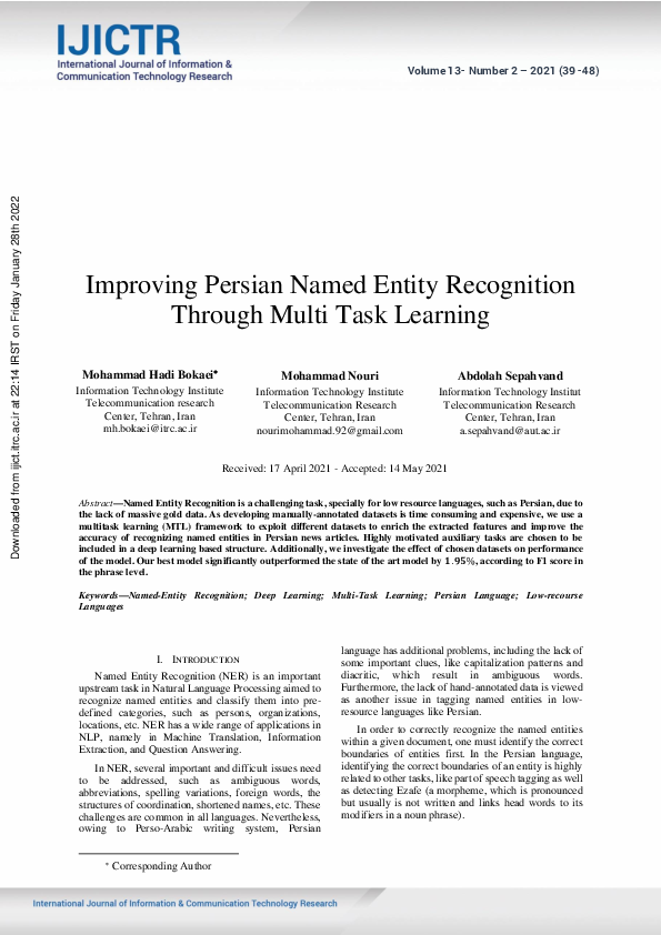 Improving Persian Named Entity Recognition Through Multi Task Learning