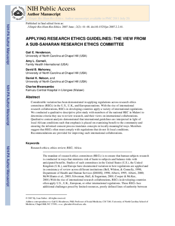 (PDF) Applying Research Ethics Guidelines: The View from a Sub-Saharan ...