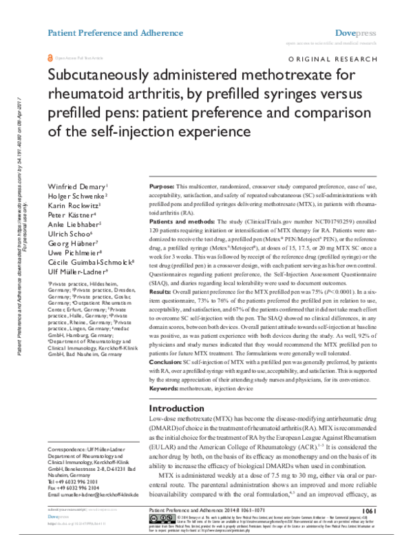 (PDF) Subcutaneously administered methotrexate for rheumatoid arthritis ...