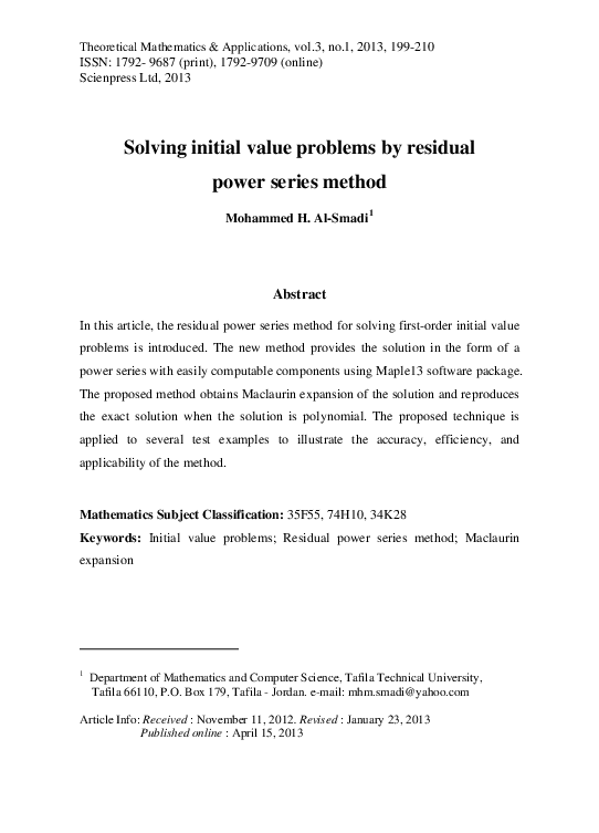 Pdf Solving Initial Value Problems By Residual Power Series Method