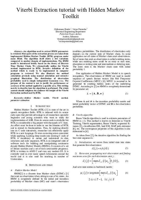 (PDF) Viterbi Extraction tutorial with Hidden Markov Toolkit