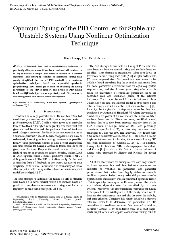 (PDF) Optimum Tuning of the PID Controller for Stable and Unstable ...