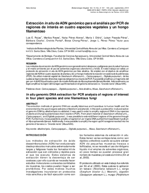 (PDF) Extracción in situ de ADN genómico para el análisis por PCR de ...