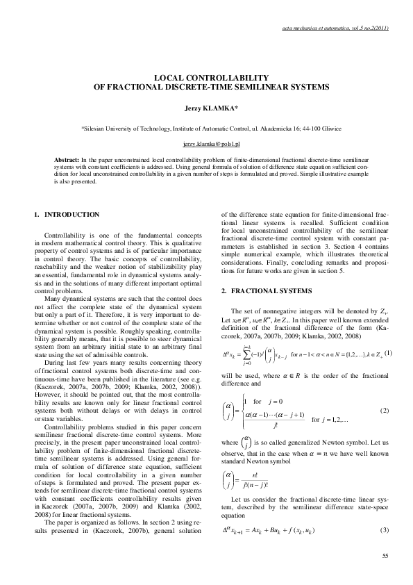 Pdf Local Controllability Of Fractional Discrete Time Semilinear Systems