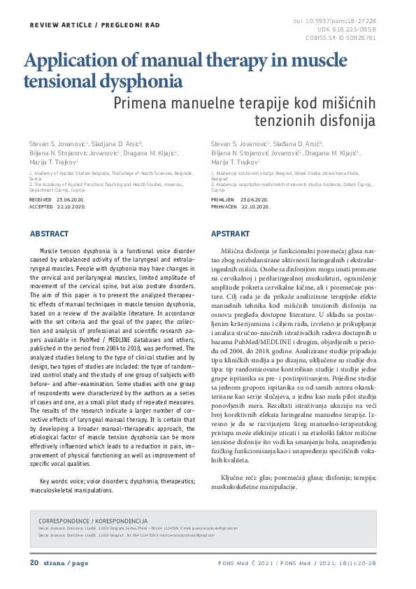 (PDF) Application of manual therapy in muscle tensional dysphonia