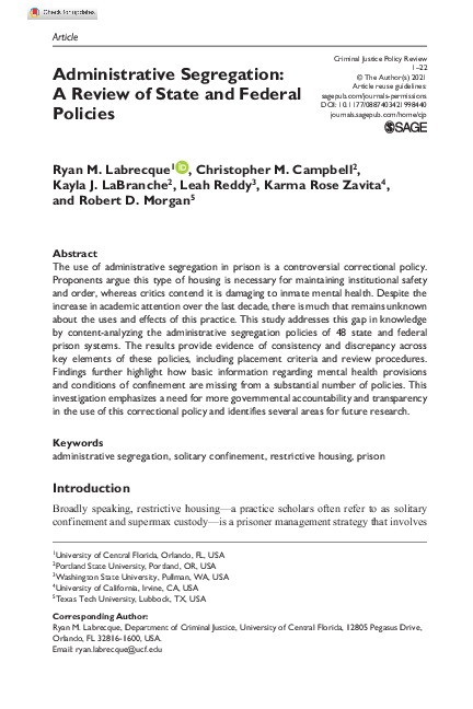 (PDF) Administrative Segregation: A Review of State and Federal Policies