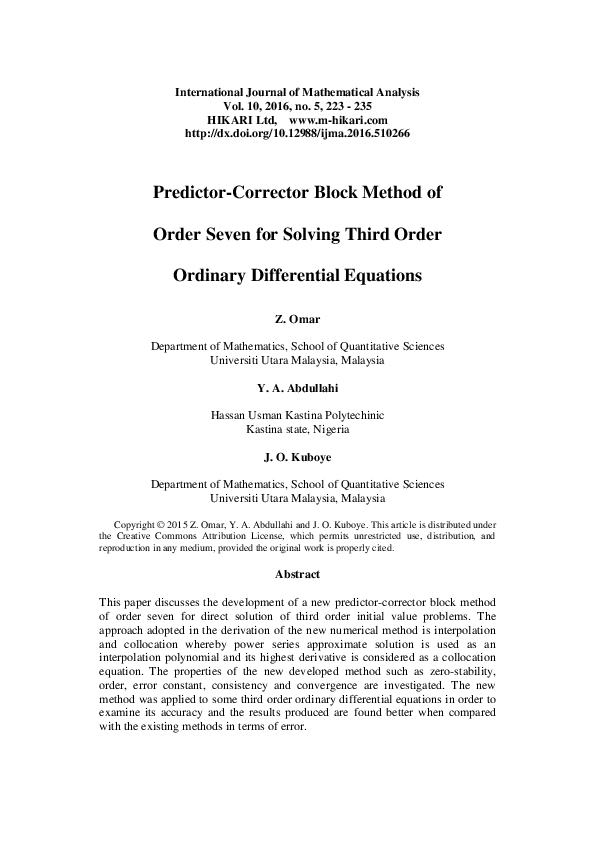 Pdf Predictor Corrector Block Method Of Order Seven For Solving Third