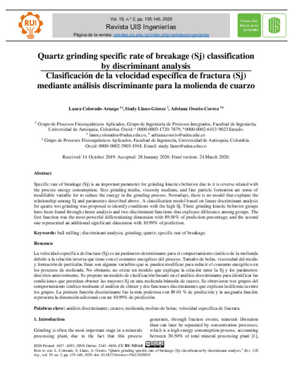 (PDF) Quartz grinding specific rate of breakage (Sj) classification by ...