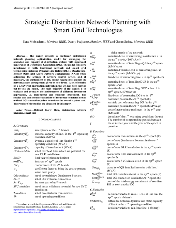 (PDF) Strategic Distribution Network Planning With Smart Grid Technologies
