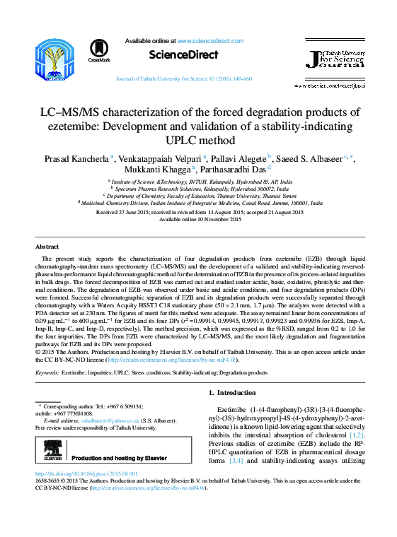 (PDF) LC-MS/MS characterization of the forced degradation products of ezetemibe: Development and ...