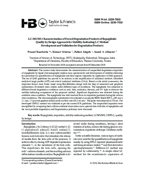 (PDF) LC-MS/MS Characterization of Forced Degradation Products of Repaglinide Quality by Design ...