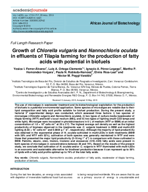 (PDF) Growth of Chlorella vulgaris and Nannochloris oculata in ...