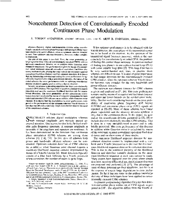 Pdf Noncoherent Detection Of Convolutionally Encoded Continuous Phase Modulation 