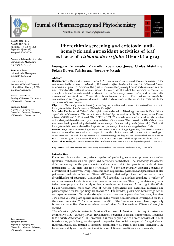 (PDF) Phytochimic screening and cytotoxic, anti- hemolytic and antioxidant activities of leaf ...