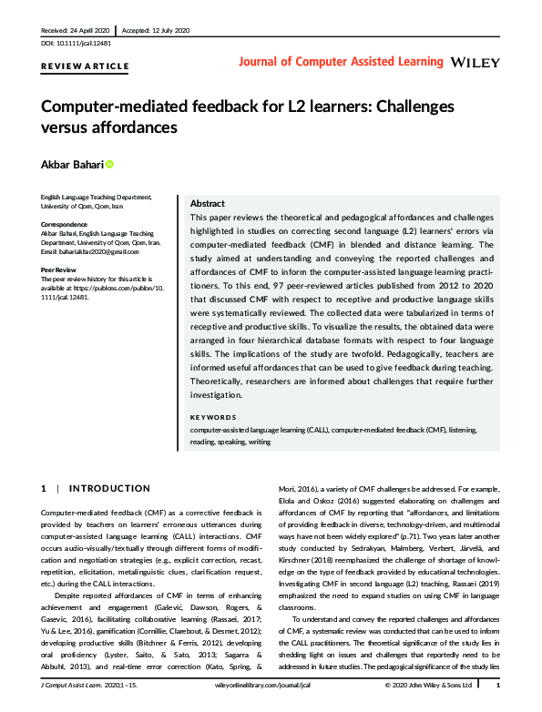 (PDF) Computer-mediated feedback for L2 learners: Challenges versus affordances